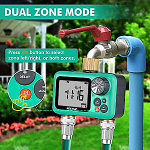 RESTMO Sprinkler Timer with Brass Inlet & Outlet, 2 Zone Programmable Water Timer for Garden Hose, 3 Separate Programs Hose Timer, Manual/Rain Delay/Automatic Watering for Drip Irrigation and Lawn