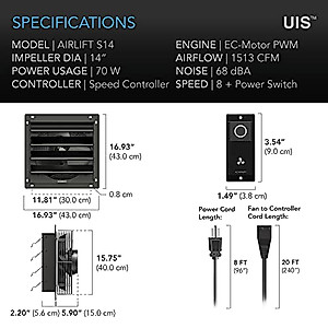 AC Infinity AIRLIFT S14, Shutter Exhaust Fan 14” with 10-Speed Controller, EC Motor - Wall Mount Ventilation and Cooling for Sheds, Attics, Workshops, and Greenhouses