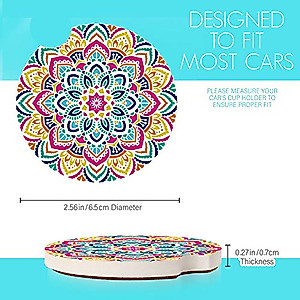 LotFancy 4 Pack Car Coasters Ceramic, Boho Absorbent Car Cup Holder Coasters, 2.56inch, Mandala Style for Women Men, with Finger Notch & Cork Base, 4 Patterns