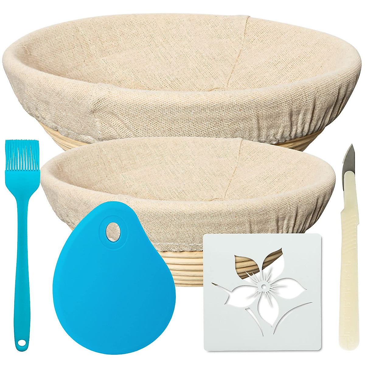 Bread Banneton Proofing Basket Set | 9” & 10” Round Baking Bowl Kit for Sourdough | Includes Dough Scraper, Bread Lame, Brotform Cloth Liner, Basting Brush (Blue)