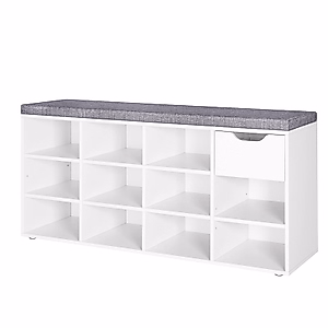 DINZI LVJ Shoe Bench, Entryway Storage Bench with Drawer and 11 Cubbies, Cubby Shoe Rack with Adjustable Shelves, Shoe Organizer Cabinet for Living Room, Bedroom, Mudroom, Closet and Garage, White