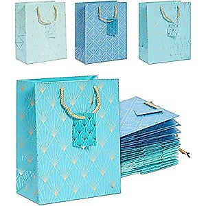 Blue & Gold Foil Gift Bags with Handles, 4 Designs for Baby Shower, Wedding (15 Pack)