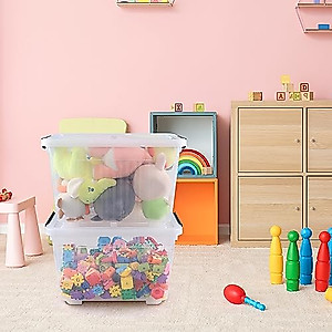 Sadstory 30 Quart Plastic Latch Storage Bin with Lid, Clear Latching Tote with Wheels, 4 Packs