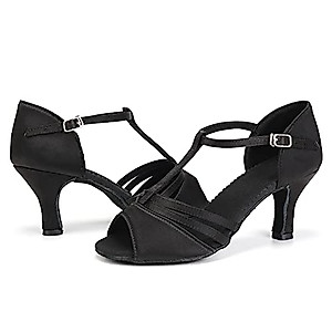 HROYL Women Latin Dance Shoes Low Heel Suede Sole T-strap Ballroom Salsa Performence Practice Dancing Shoes, WX-EG-7-Black, US 8.5