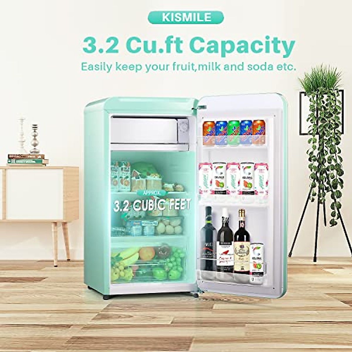 Kismile Retro Mini Fridge with Freezer, 3.2 cu. ft Small fridge with Adjustable Removable Glass Shelves, Mechanical Control, Compact Refrigerator for Office, Dorm, Bedroom (Green)