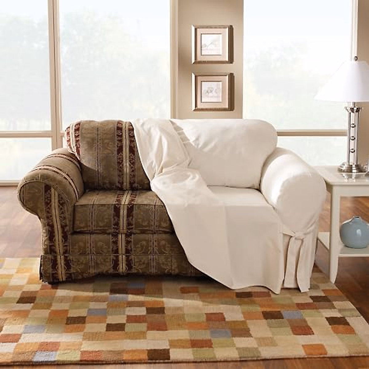 SureFit Duck Cotton Loveseat Box Cushion Slipcover - One Piece Slipcover, Relaxed Woven Fit, 100% Cotton, Machine Washable