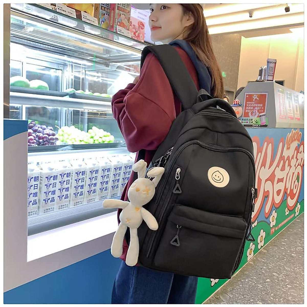 MININAI Preppy Backpack with Cute Pendant Women Smile Face Laptop Backpack Kawaii Lightweight Aesthetic College Backpack (Black,One Size)