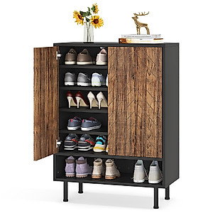 Tribesigns Shoe Cabinet, 18 Pair Shoe Rack Organizer Cabinet with Door, 6-Tier Modern Shoe Storage Cabinet with Shelves for Entryway Hallway Closet Bedroom, Black and Brown