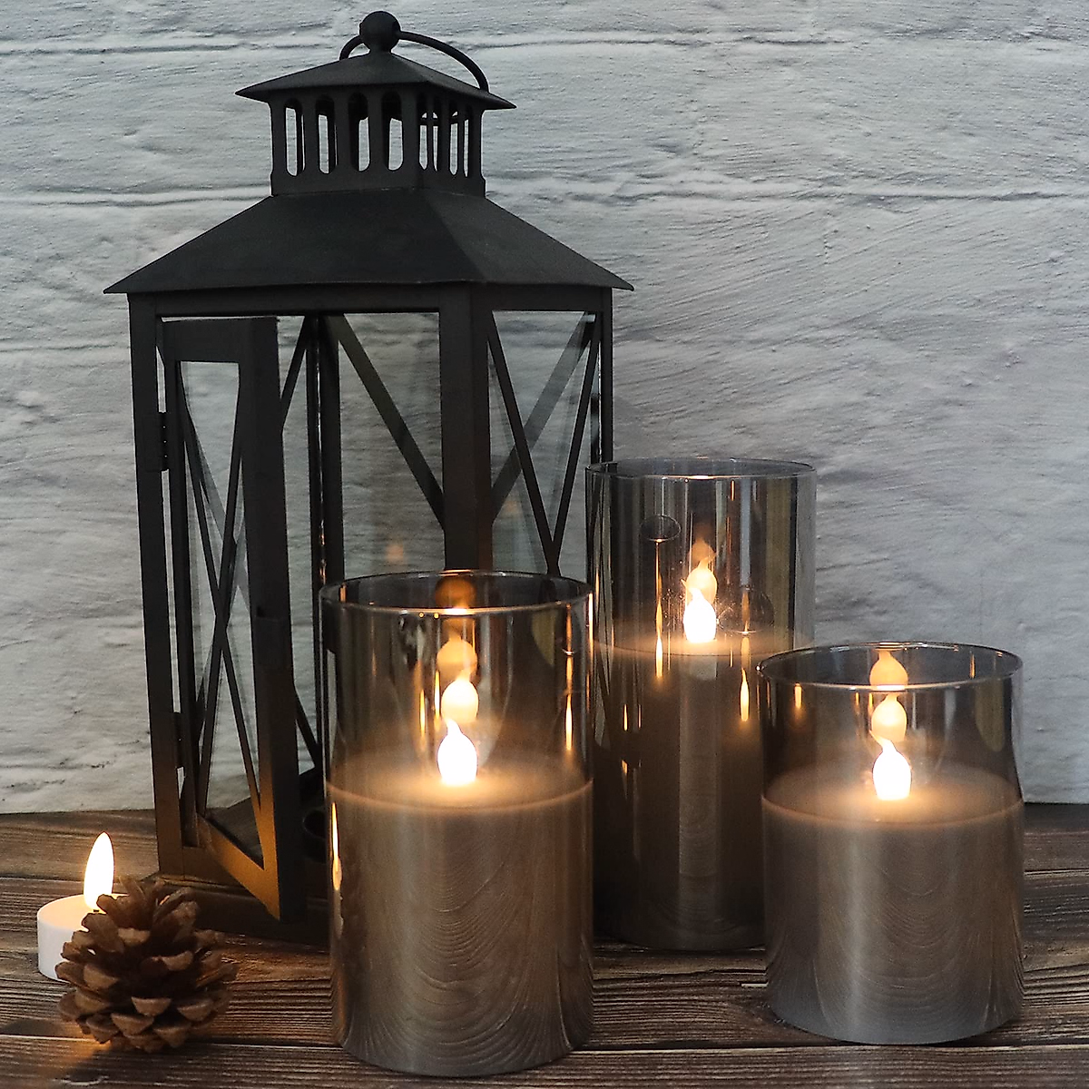 GenSwin Gray Glass Battery Operated Flameless Led Candles with 10-Key Remote and Timer, Real Wax Candles Warm White Flickering Light for Home Decoration(Set of 3)