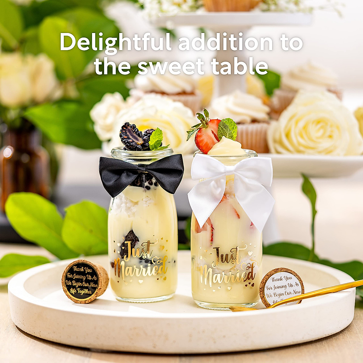 Ethisa Just Married Wedding Reception Bottles - 25 Pack Bulk Gold Glass Bottles for Favors - Wedding Party Souvenirs with White Ribbons and Thank You Stickers for Guests