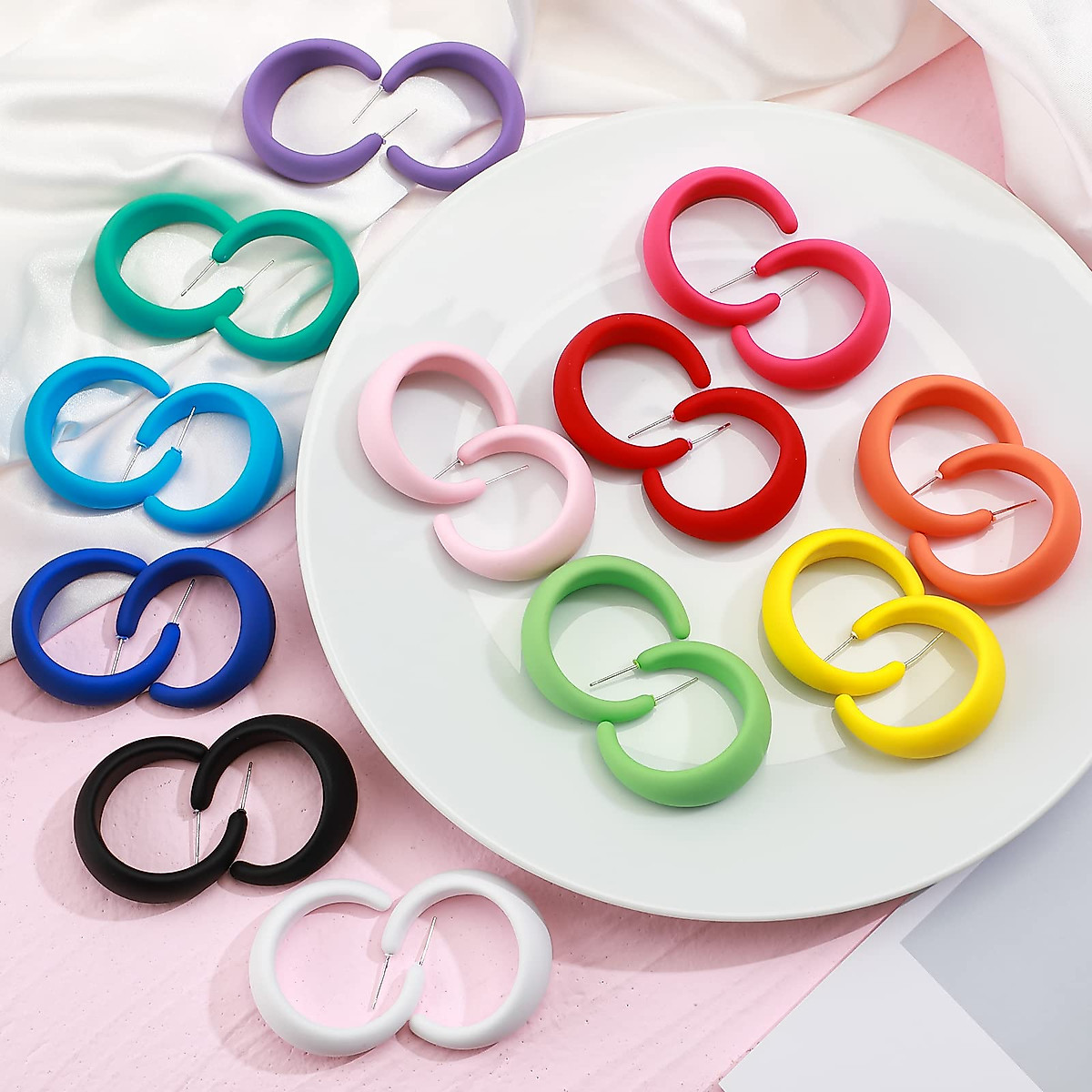 MTLEE 12 Pairs Acrylic Earrings Colorful Hoop Earrings Trendy Earrings Chunky Earrings Cute Candy Earrings Jewelry for Women (Rainbow Color, Stylish Style)