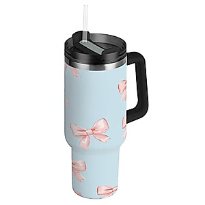 Flradish 30oz Tumbler with Handle, Pink Bows Stainless Steel Tumbler with Lid and Straws Double Wall Vacuum Insulated Leakproof Coffee Travel Mug