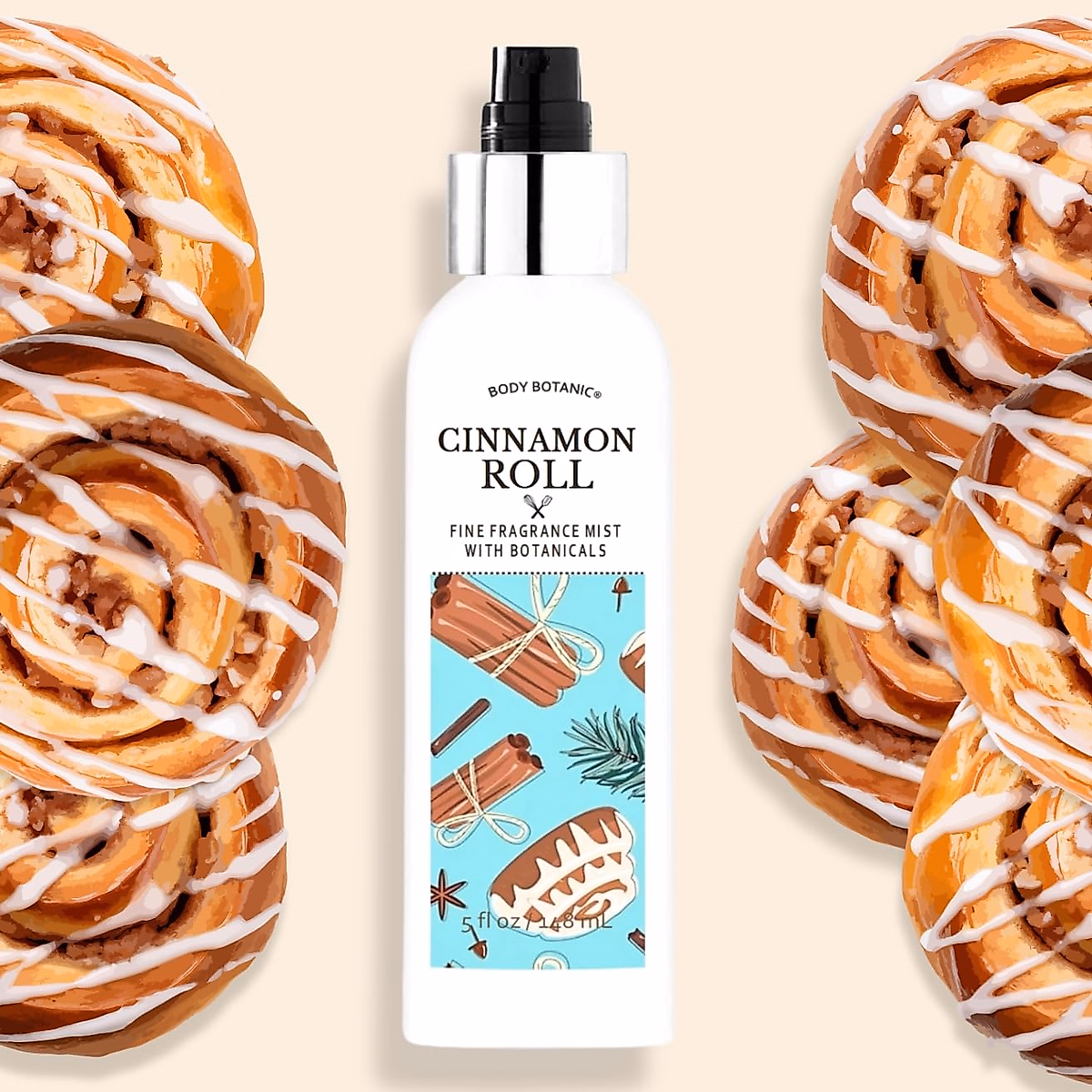 Cinnamon Roll ALCOHOL-FREE Perfume Fine Fragrance Mist by Body Botanic 5 Fl Oz 148 Ml ~ the Irresistibly Yummy Scent of Cinnamon Buns drizzled with Vanilla Buttercream Icing