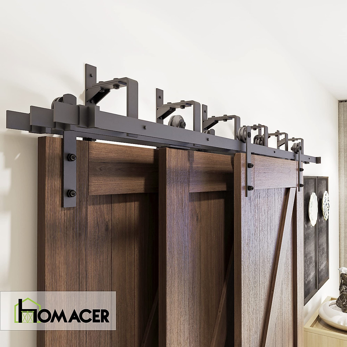 Homacer Black Rustic Triple Track Bypass Sliding Barn Door Hardware Kit (for Door Thickness 1-3/8in ~ 1-3/4in), Three 9ft Long Flat Tracks, for Three/Triple Interior Doors