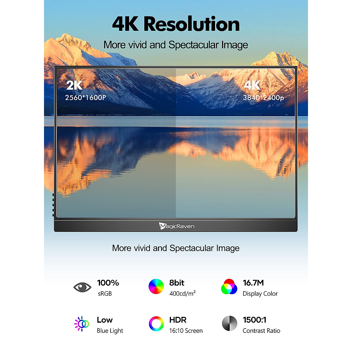 4K Portable Monitor, MagicRaven 16" 3840*2400 IPS Laptop Monitor, 1500:1, 400 Nits Screen USB C HDMI Computer Gaming Display with Speakers & Smart Cover, Travel Monitor for PC Phone PS5/4 Xbox Switch