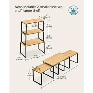 SONGMICS Cabinet Organizer Shelf, Set of 3 Kitchen Counter Shelves, Kitchen Storage, Spice Rack, Stackable, Expandable, Metal and Bamboo, Ink Black and Natural Beige UKCS014B01