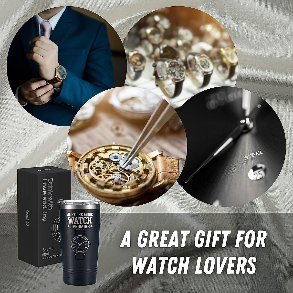 Onebttl Watch Collector Gifts, Just One More Watch, Watch Lover Enthusiast Tumbler Seamless Design Travel Coffee Mug, Stainless Steel Insulated with Lid 20oz/590ml