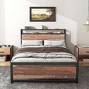 Osfvolr Queen Bed Frame, Industrial Metal Platform Bed Frame with 2 Tier Storage Wooden Headboard and Footboard, Heavy Duty Steel Mattress Foundation, Noise Free, Bedroom Furniture, Rustic Brown