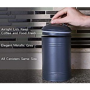 Kitchen Canisters, Set of 3 for Countertop Storage of Coffee, Food, Charcoal Grey Metal, All One-Size, Airtight Lids, Modern Farmhouse Industrial (8 Inches High with Lids, 4.5 Inches Diameter)