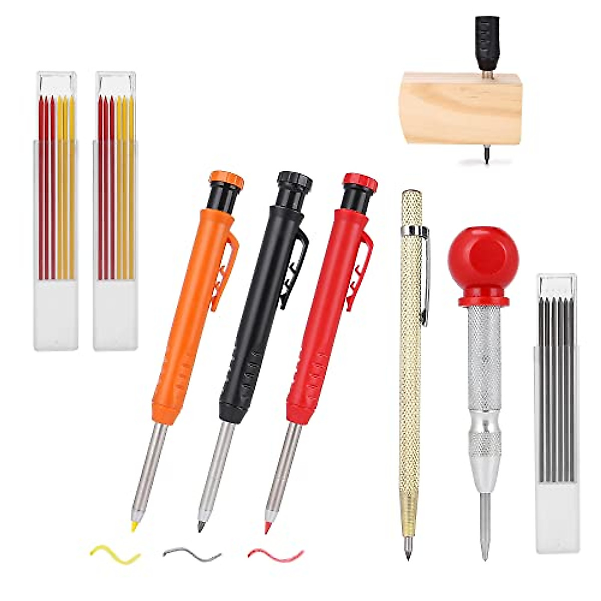 ACBungji 23 Pcs Mechanical Carpenter Pencils Set with Metal Solid Pencil Marking Tool Built-in Sharpener, Carbide Scriber Tool, Center Punch and Refills for Woodworking Architect Construction