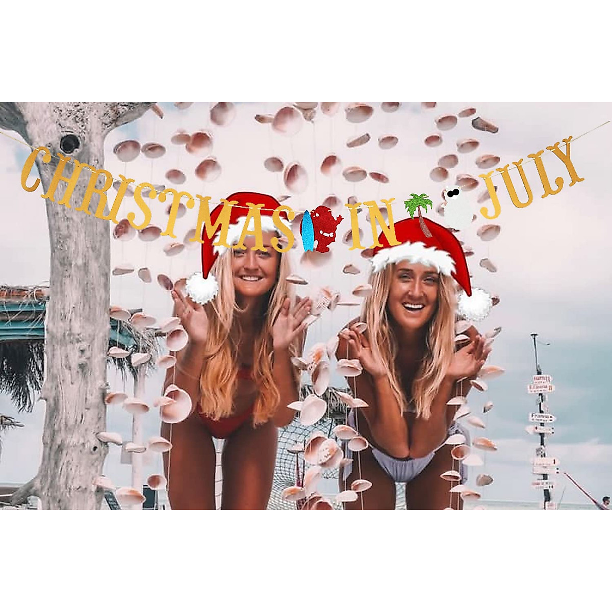 MAGQOO Gold Glitter Christmas In July Banner Garland Photo Props July Tropical Chrismtas Party Decor