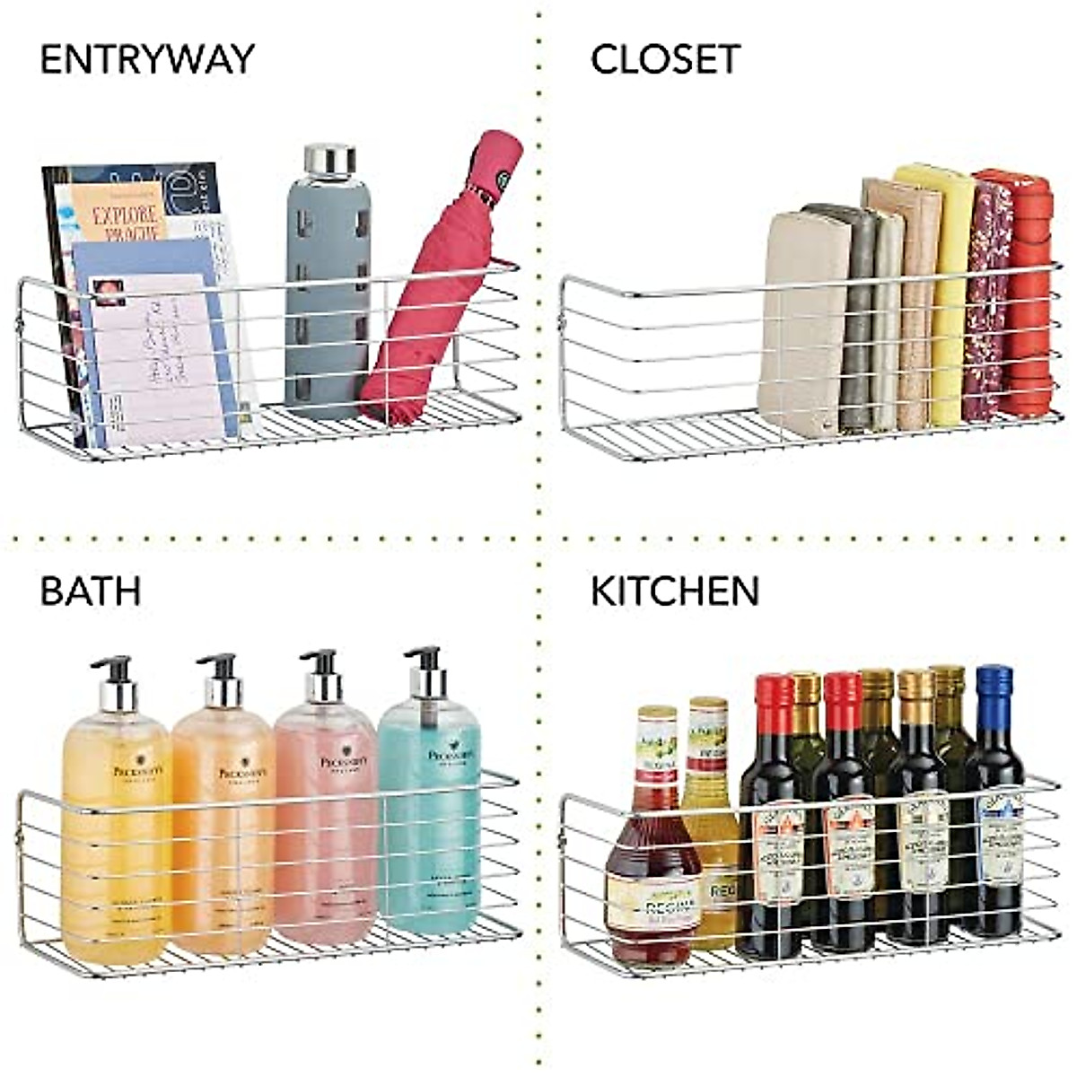 mDesign Wide Metal Wall Mount Decor Storage Organizer Display Shelf - Hang in Bathroom, Kitchen, Entryway, Hallway, Mudroom, Bedroom, Laundry Room - Concerto Collection, 2 Pack - Chrome