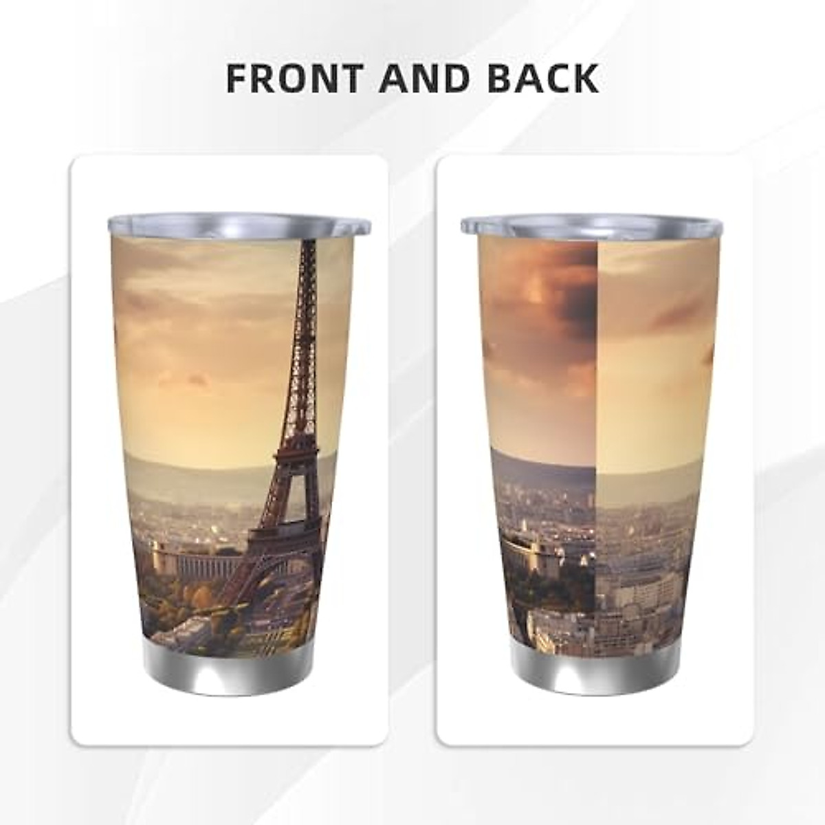 Eiffel Tower and city Tumbler with Lid and Straw 20oz Stainless Steel Car Cup for Hot and Cold Drinks, Double Wall Insulated Travel Coffee Mug Reusable Drink Thermos Cup Birthday Gifts