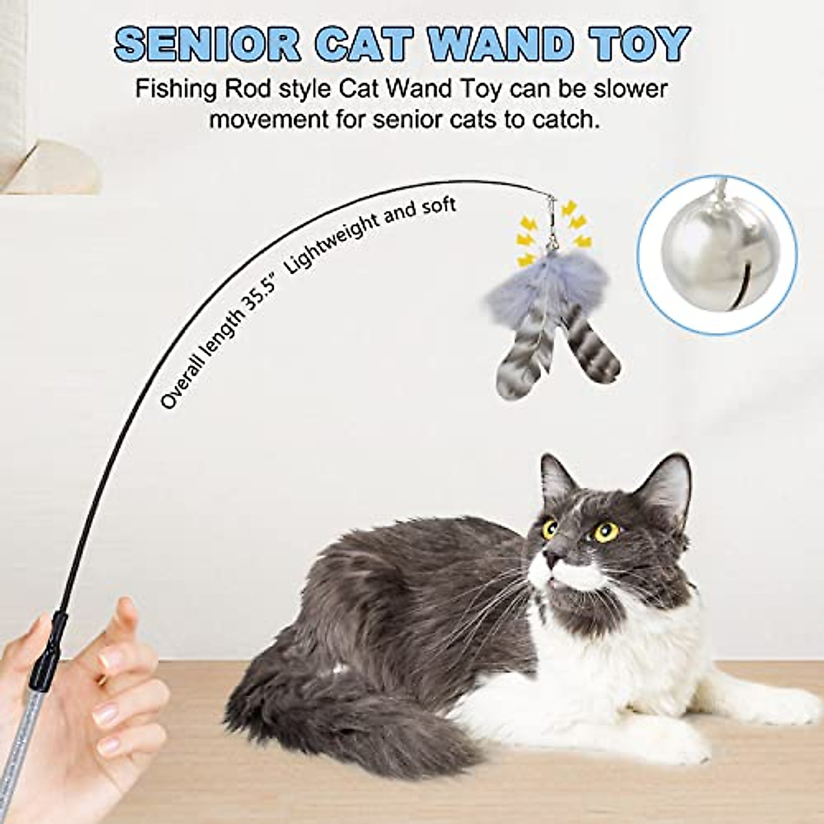 KAQUMAO Senior Cat Litter Box Set, Include Low Entry Senior Cat Litter Box, Low Profile Double Food Bowl, Senior Cat Wand Toy, Cat Litter Scoop (Milky White)