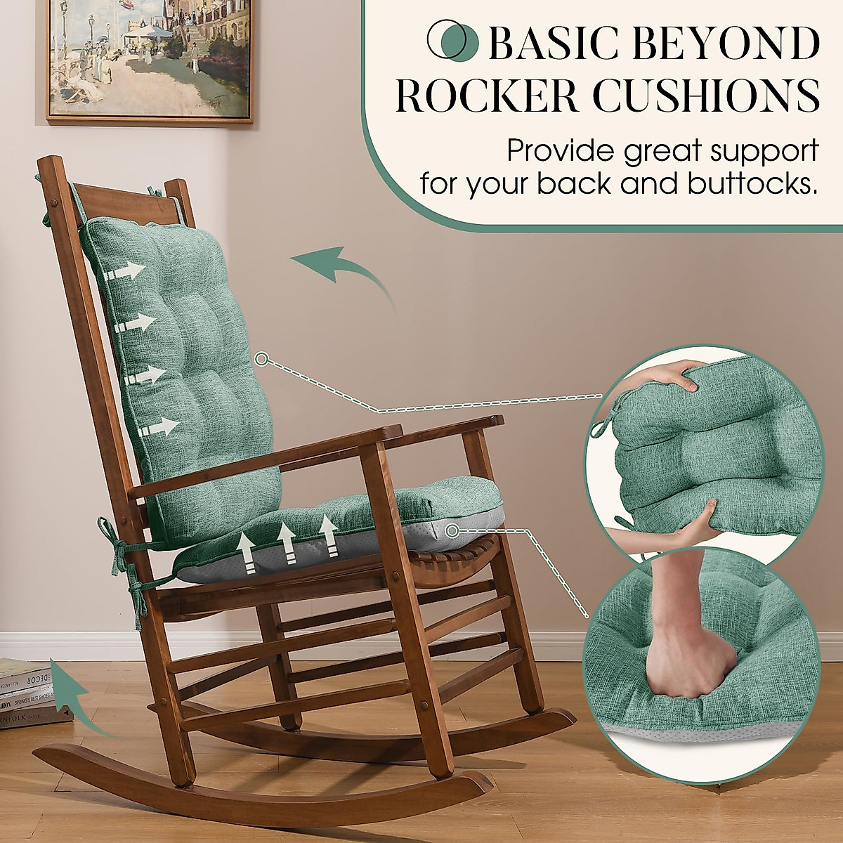 Basic Beyond Rocking Chair Cushions Set of 2, Porch Rocker Cushions for Wooden Rocking Chairs Outdoor with Thick Padding, Back Cushion with Ties, Tufted Seat Cushion with Non-Slip Backing(Green)