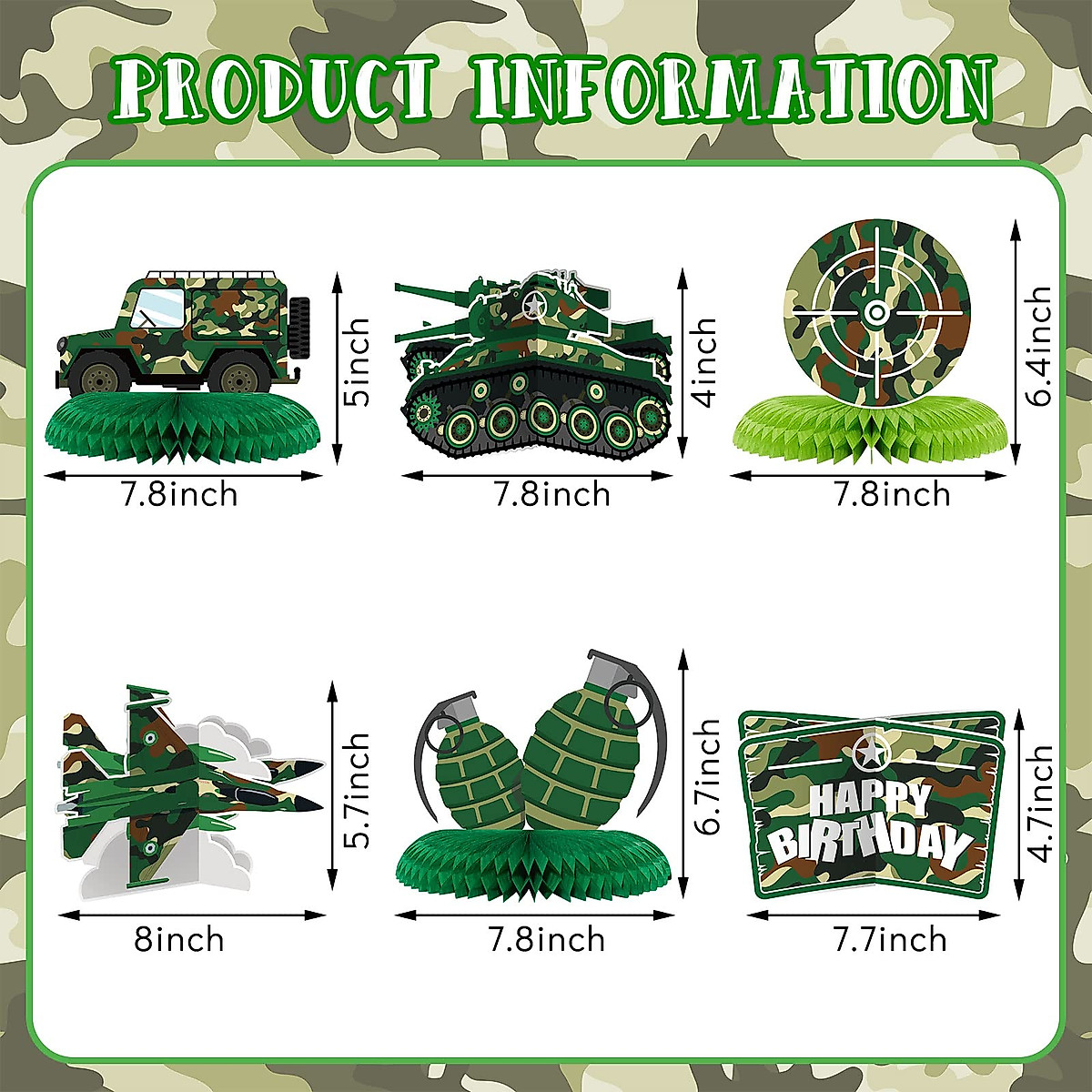 9 Pieces Army Party Decorations Camouflage Birthday Party Decorations Military Honeycomb Centerpieces for Tables Decorations for Boys Girls Birthday Party Baby Shower Supplies Decor Photo Prop