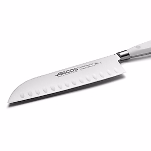 ARCOS Forged Santoku Knife 7 Inch Stainless Steel. Japanese Sharp Knife For Cutting Meat, Fish and Vegetables. Ergonomic Polyoxymethylene Handle and 180mm Blade. Series Riviera Blanc. Color White,