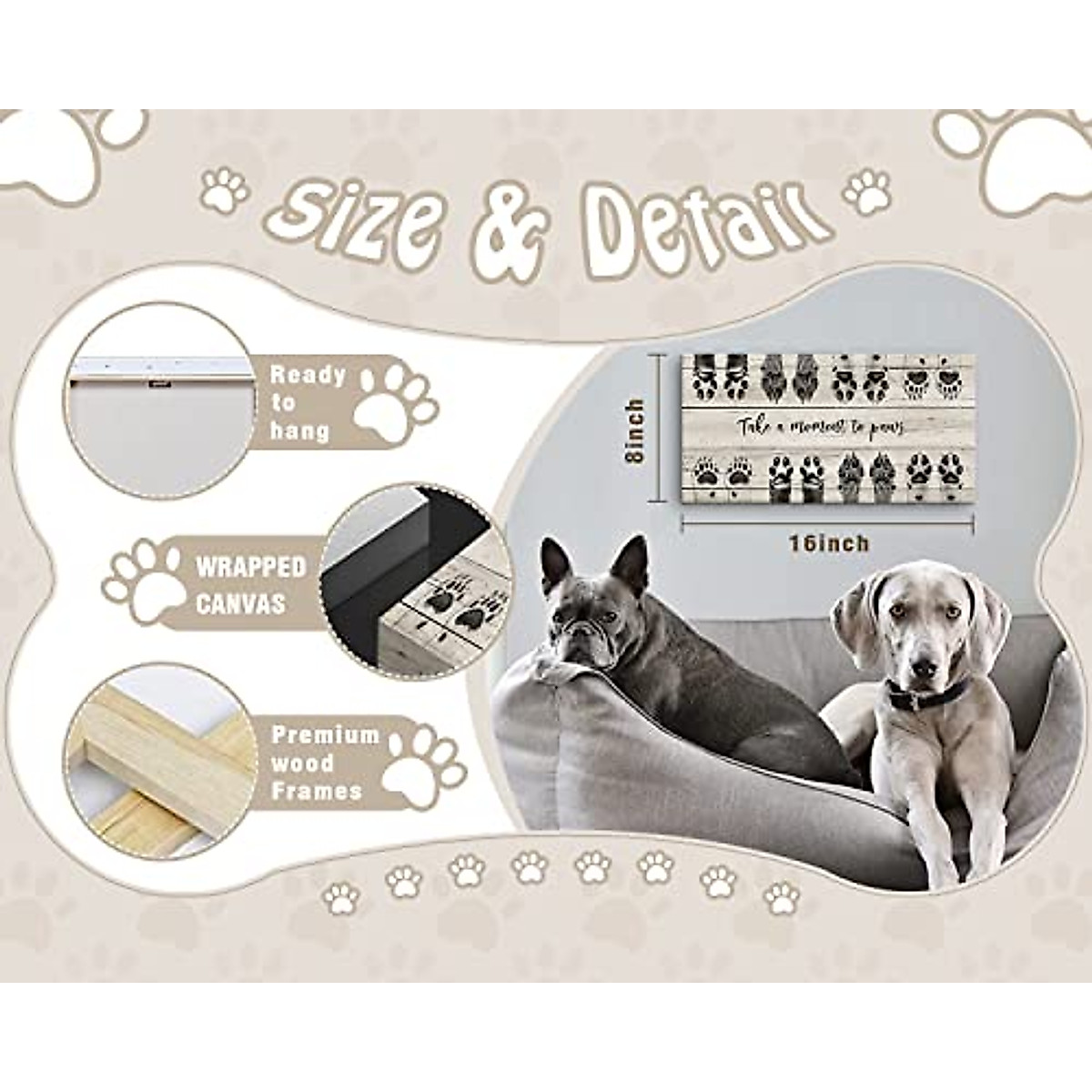 ARTINME Dog Lover Sign Wall Decor ,Take A Moment To Paws sign Pet Paw Print Artwork Footprints Canvas Wall Art ,Framed Animal prints Puppy Gifts for Front Door home decoration (Black)