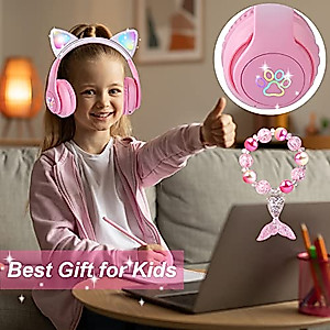 KORABA Cat Ear Kids Headphones Bluetooth, LED Light up Wireless/Wired Mode Over Ear Headphones with Build in Microphone for School/Travel (Pink)