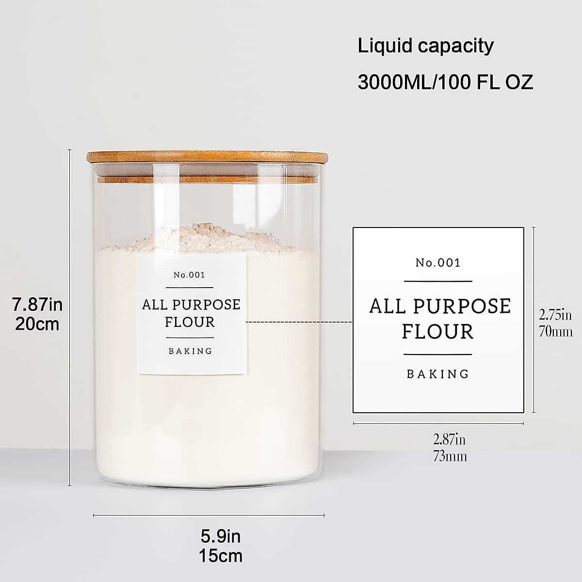 HHMJSM Large Glass Storage Jars With Airtight Bamboo Lid - 100 Fl Oz Thicken Kitchen Glass Food Storage Canister With 42 Pantry Labels - Big Clear Flour And Sugar Containers Farmhouse