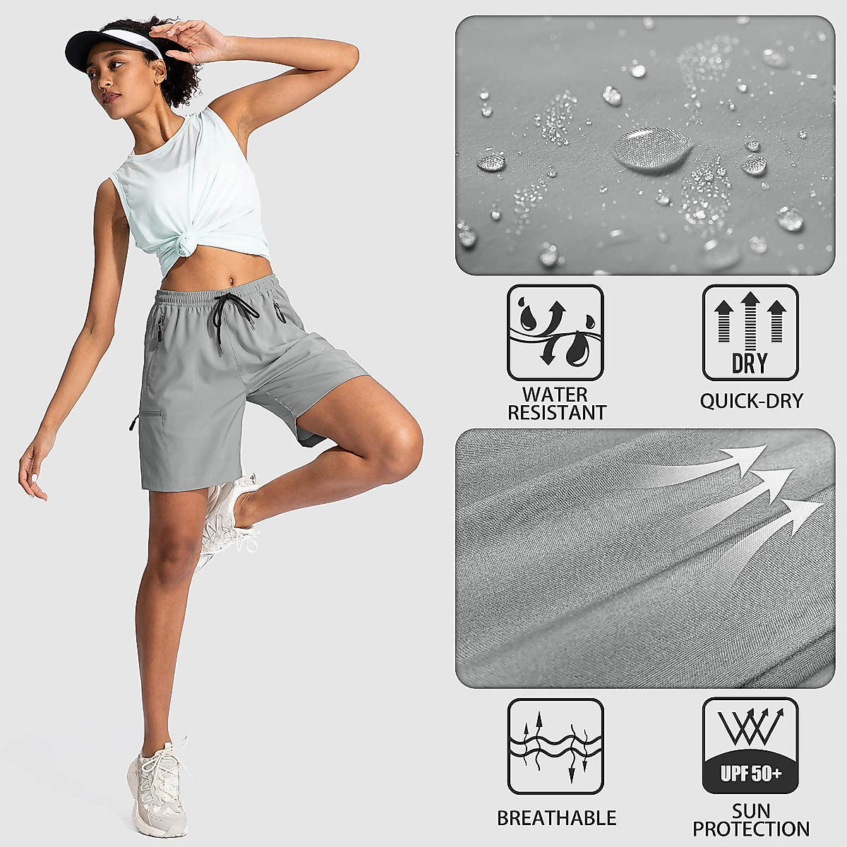 SANTINY Women's 5''/ 7''/9'' Hiking Cargo Shorts Quick Dry Lightweight Summer Shorts for Women Athletic Golf Zipper Pockets(Light Grey_L)