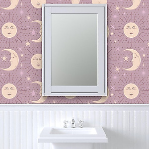 Peel & Stick Wallpaper Swatch - Purple Suns Boho Stars Mauve Celestial Moon Sky Custom Removable Wallpaper by Spoonflower