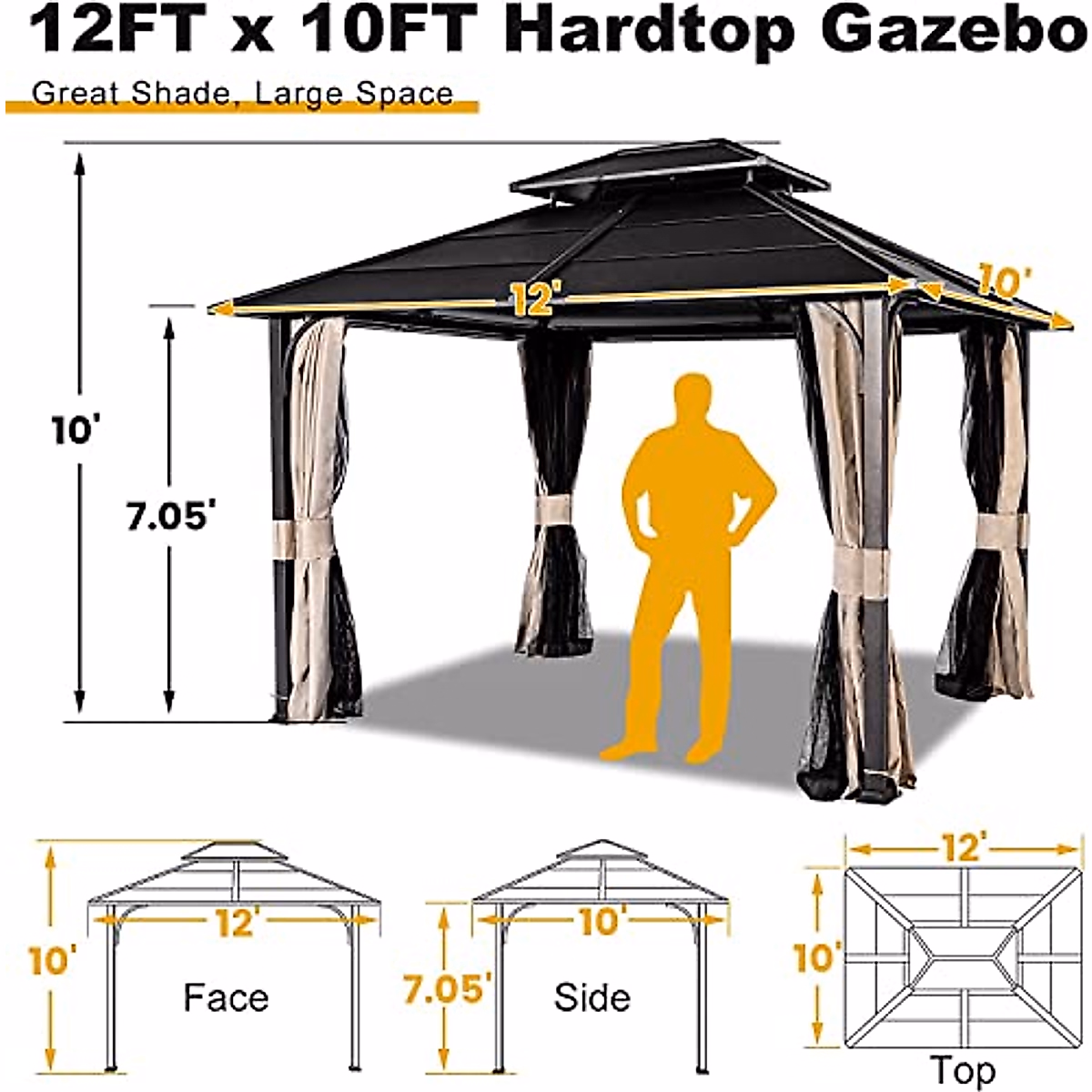 10' x 12' Gazebo, Outdoor Double Roof Canopy Hardtop Gazebo with Durable Metal Frame, Galvanized Steel Top Gazebo with Ventilation, Curtain and Netting, for Patio, Backyard, Deck and Lawns