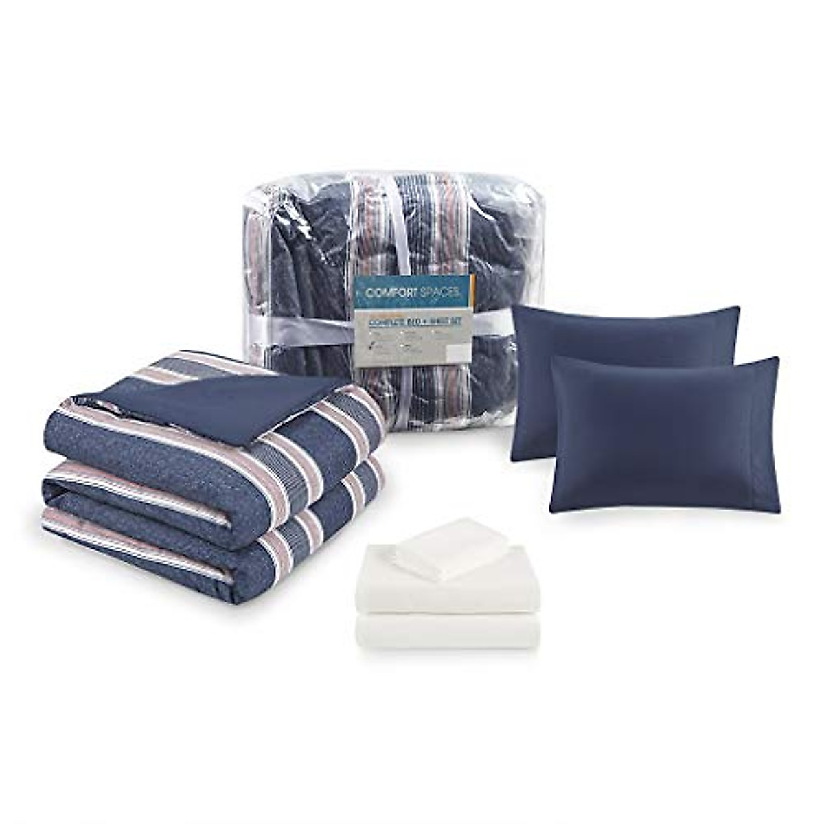 Comfort Spaces Bed in A Bag Comforter Set - College Dorm Room Essentials for Boys Men Bedding, Complete Dormitory Bedroom Pack And Sheet with 2 Side Pockets, Full, Stripes Navy/Red