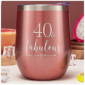Crisky Rose Gold 40 & Fabulous Wine Tumbler for Women 40th Birthday Gifts for Women, Wife, Mom, Sister, Aunt, Friends, Coworker Her, Vacuum Insulated Coffee Cup,12oz with Box, Lid, Straw
