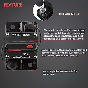 Hamolar 3 Pack 50A Auto Car Stereo Audio Circuit Breaker Fuse 12-48VDC Manual Reset Button Switch Fuses, with Wire Lugs Copper Washer