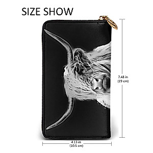 TGUBJGV Women's Clutch Black And White Highland Cow Zip Leather Wallet With Credit Card Holder Long Coin Purse