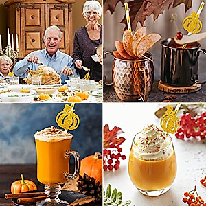 Whaline 50Pcs Thanksgiving Fall Pumpkin Paper Straws Glitter Gold Foil White Stripe Disposable Straws Fall Harvest Drinking Straws with Glue Points for Autumn Thanksgiving Wedding Party Table Decor
