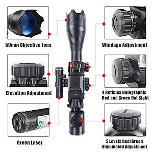 UUQ 4-16x50 Tactical Rifle Scope Red/Green Illuminated Range Finder Reticle W/Laser Sight and Holographic Reflex Dot Sight (Green Laser)