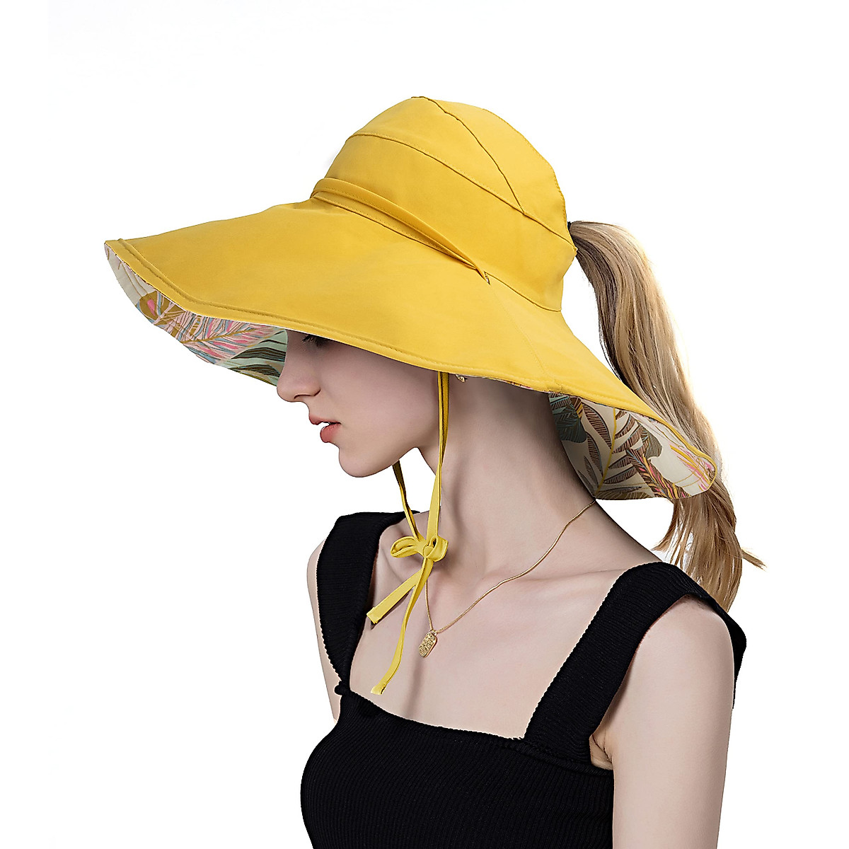 Koreshion Women Ponytail Sun Hat Reversible Fishing Hat Foldable Bowknot Summer Hat UPF 50+ Beach Cap Wide Brim Bucket Hat Yellow