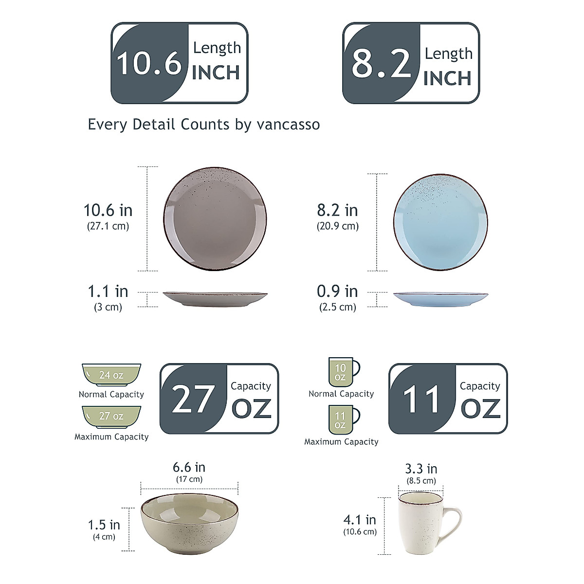 vancasso Navia Ceramic Dinnerware Set, 48 pieces Stoneware Spray Spot Patterned Service Dish with Dinner Plates, Salad Plates, Bowls, Mugs - Multi