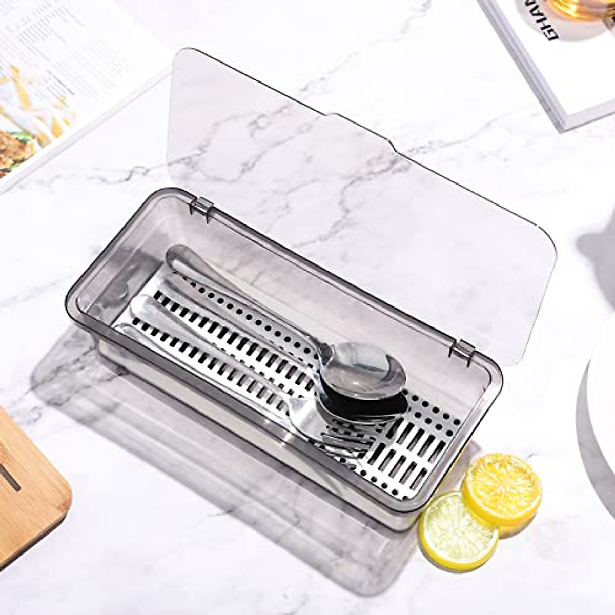 Cabilock Utensil Organizers Drawer Utensil Holder for Countertop with Lid, Silverware Tray for Drawer, Chopsticks Holders Flatware Cutlery Trays Chopsticks Drain Storage Box