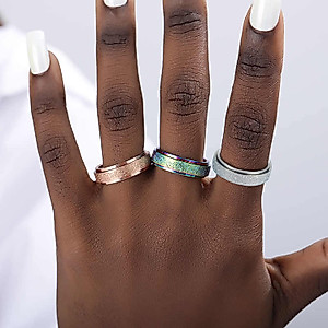 LAOYOU Anxiety Spinner Fidget Ring for Women | 6MM Stainless Steel 3pcs Worry Stress Relief Spinning Spinny Ring Set Band Pack Rose Old Silver Rainbow Birthday Figit Gifts for Daughter Size 8