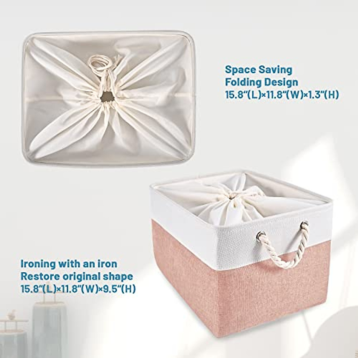 HOdo Home Fabric Storage Bin with Drawstring Closure and 2 Bold Handles, Collapsible Large Canvas Storage Baskets for Organizing Shelf Nursery Home Closet (White&Pink, 15.8L×11.8W×9.5H - 3Pack)