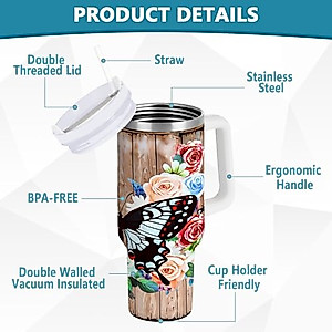 Rustic Butterfly Floral 40 Oz Tumbler with Handle and Straw, Stainless Steel Coffee Mug, Insulated Coffee Cups with Lids