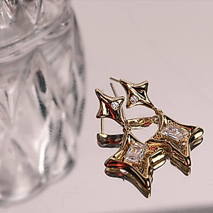 Sonateomber Gold Star Drop Dangle Earrings for Women Unique Sparkly Cubic Zirconia Crystal Four Pointed Star Dangling Hypoallergenic Stud Fashion Prom Jewelry Gifts